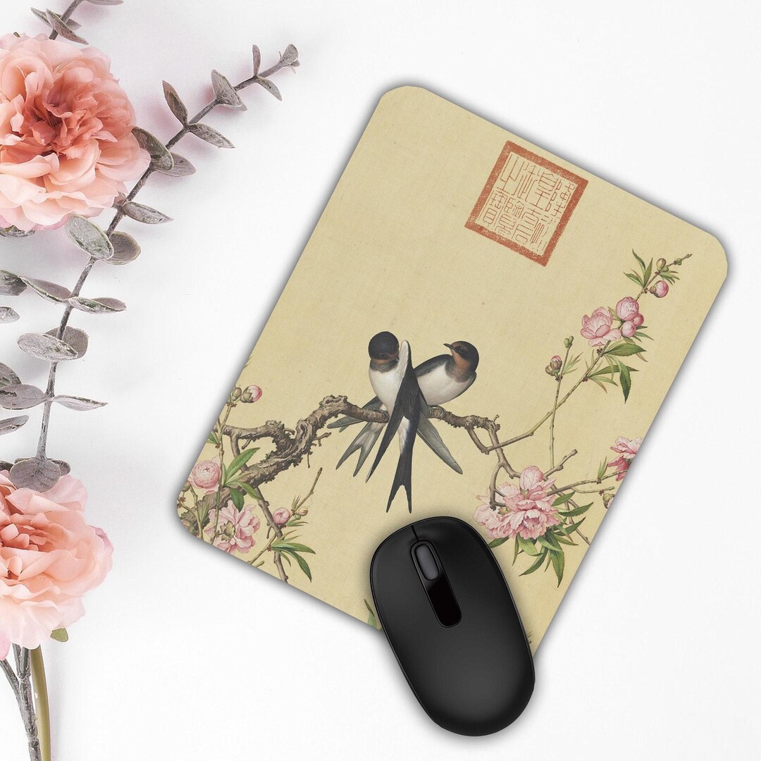 Vintage Birds and Blossoms Mouse Pad, Chinese Nature-inspired Desk ...