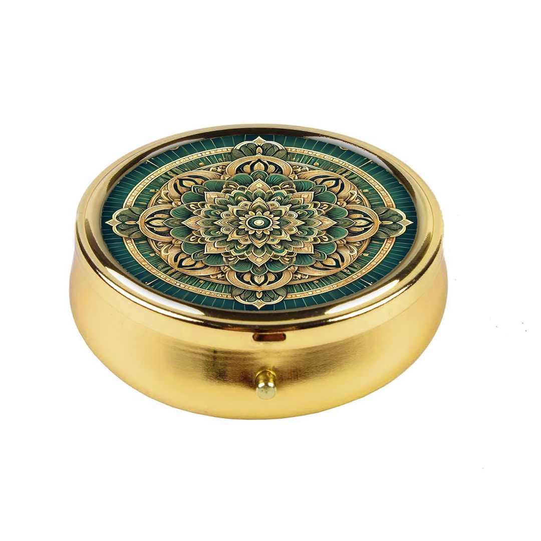 Art Deco Green Gold Pill Box Geometric Floral Design Compact Metal Case ...