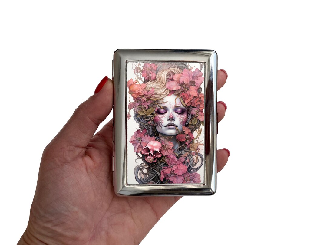 Gothic Skull Cigarette Case, Pink Floral Artistic Card Holder, Dark ...