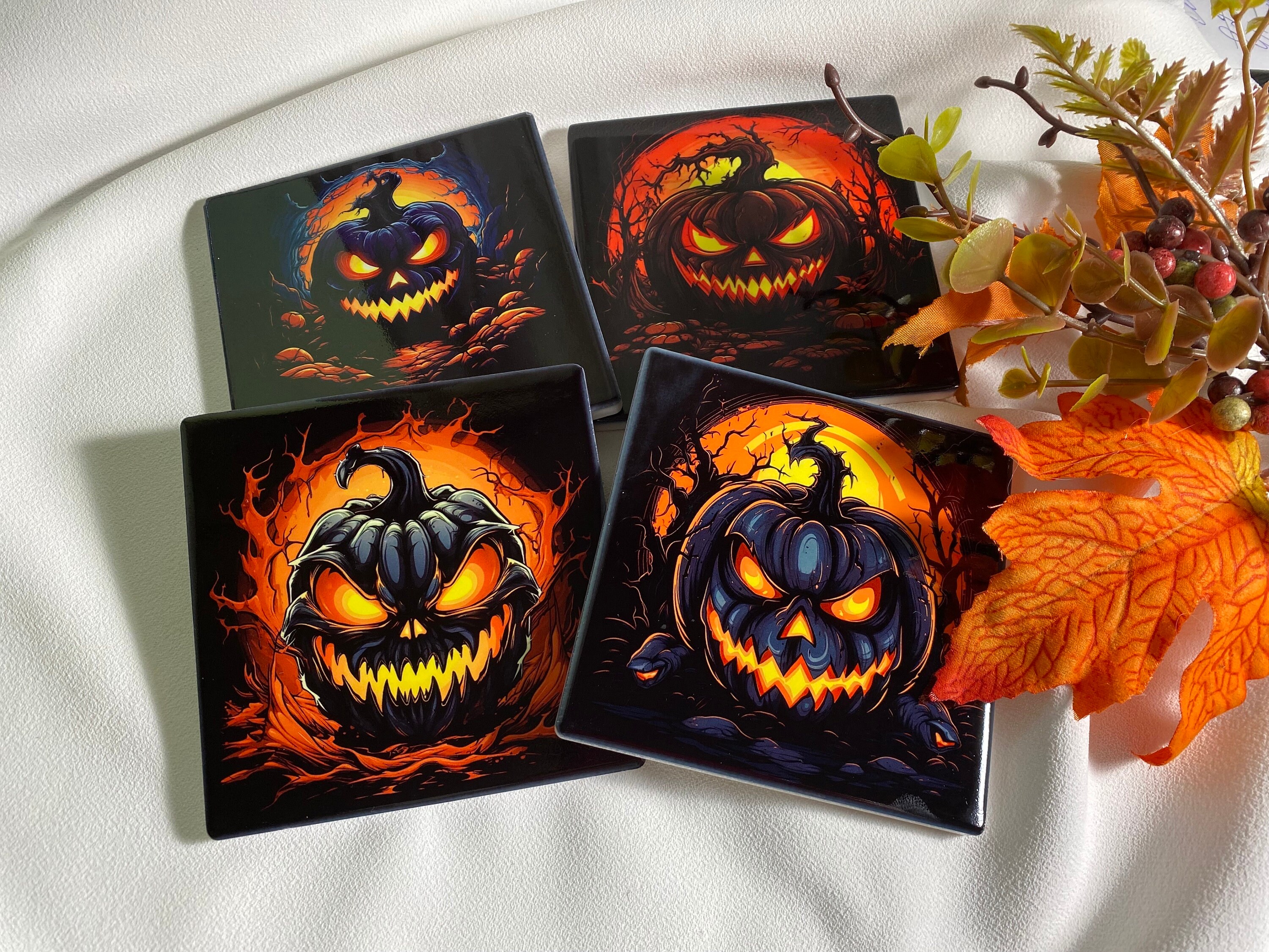 Halloween Coasters Pumpkin Ceramic Coasters Set of 4 Halloween - Etsy