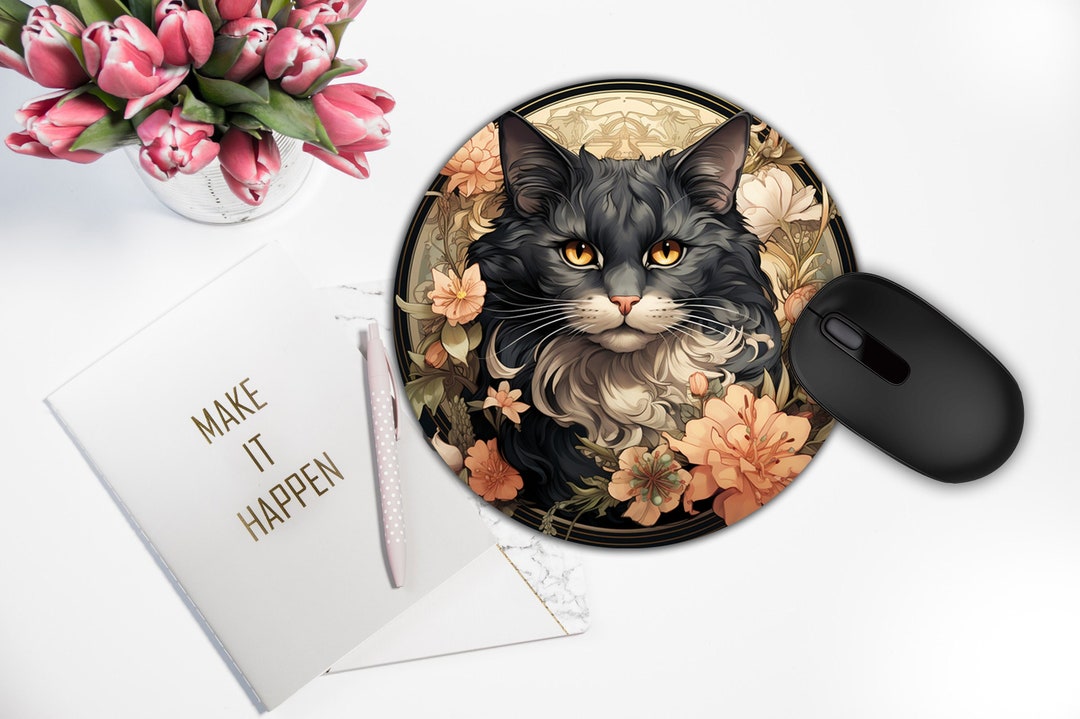 Black Cat Mouse Pad Cute Art Nouveau Cat and Flowers Round Mousepad ...