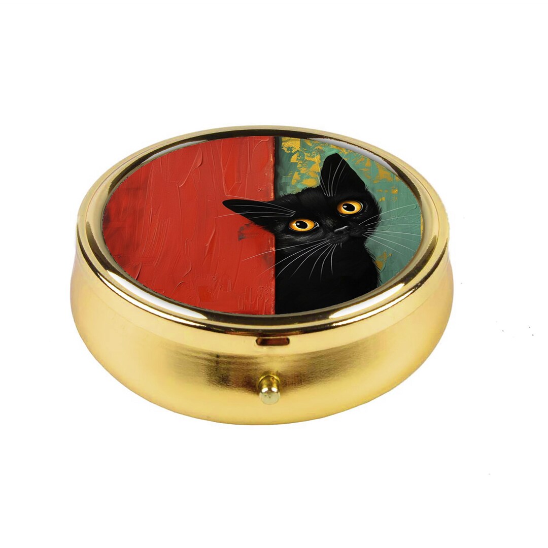 Black Cat Gothic Pill Box Feline Design Compact Vintage Organizer Cat ...