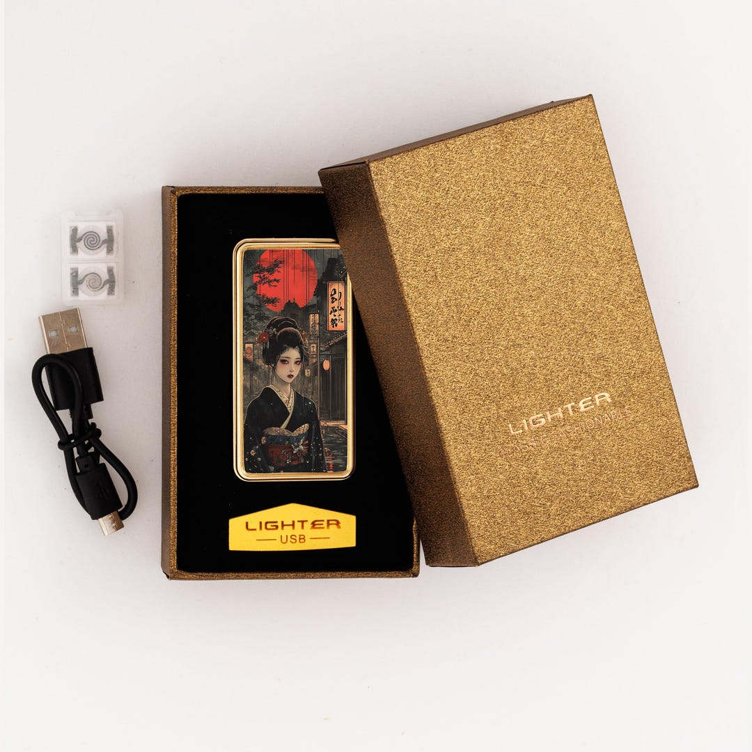 Isqueiro Elétrico USB Anime Geisha Lua Vermelha Arte Mangá Cena Noturna ...