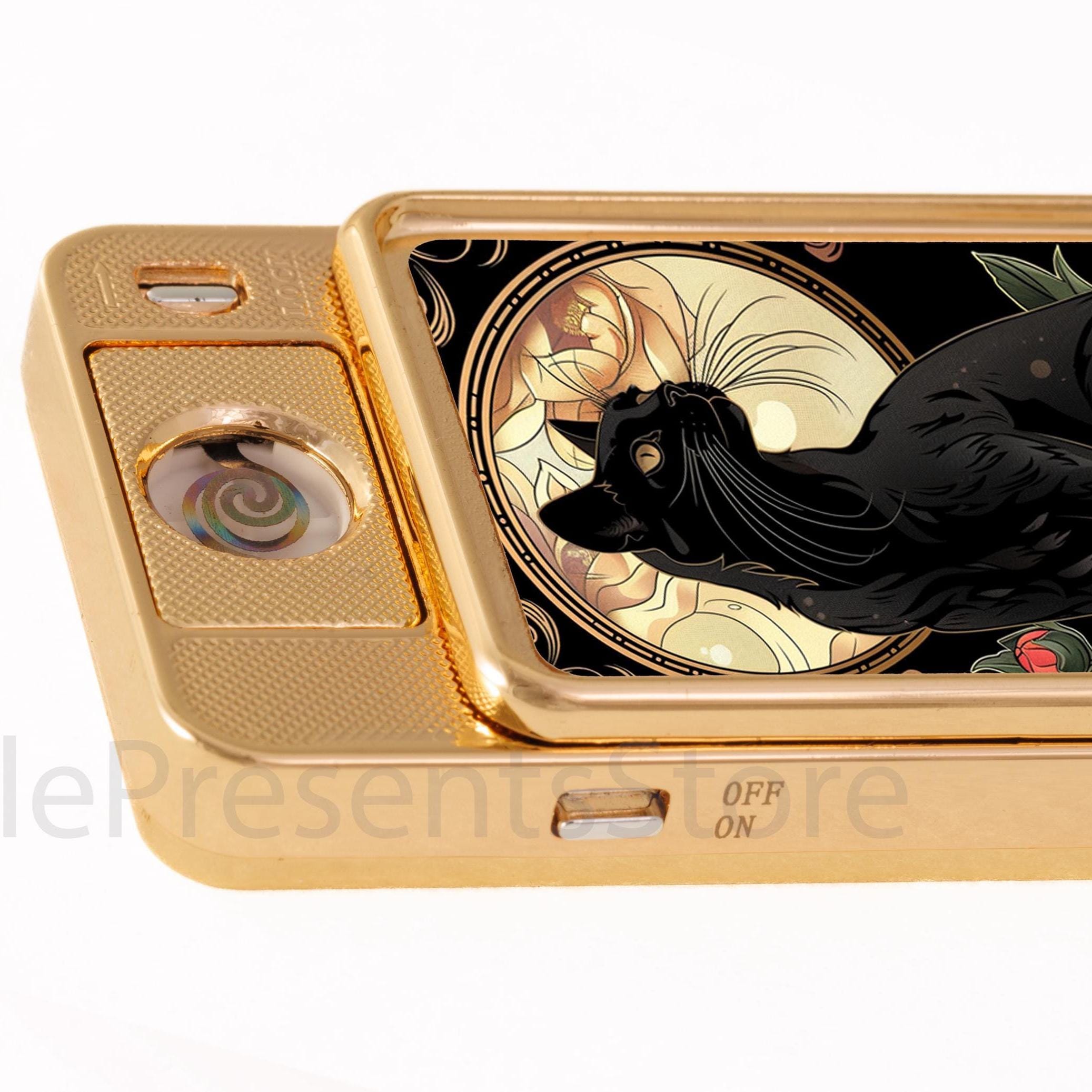 Midnight Moon Cat Art Deco Electric Lighter, Rechargeable Metal Lighter ...