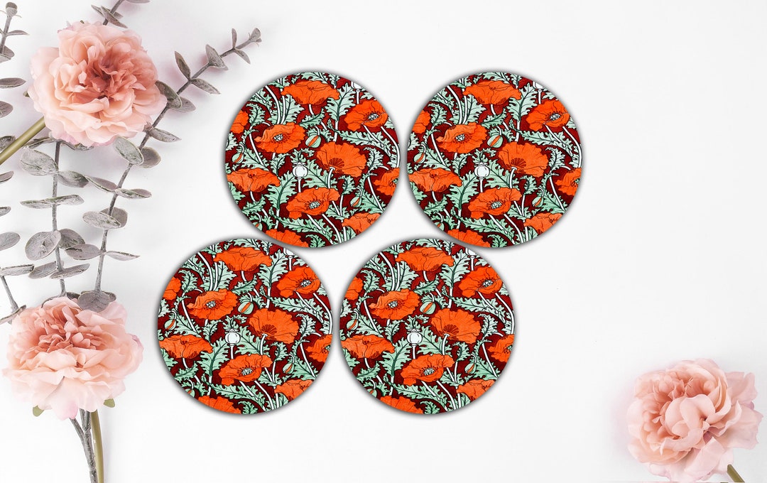 Red Poppies Coasters, Round or Square Art Nouveau Coaster Set, Ceramic ...