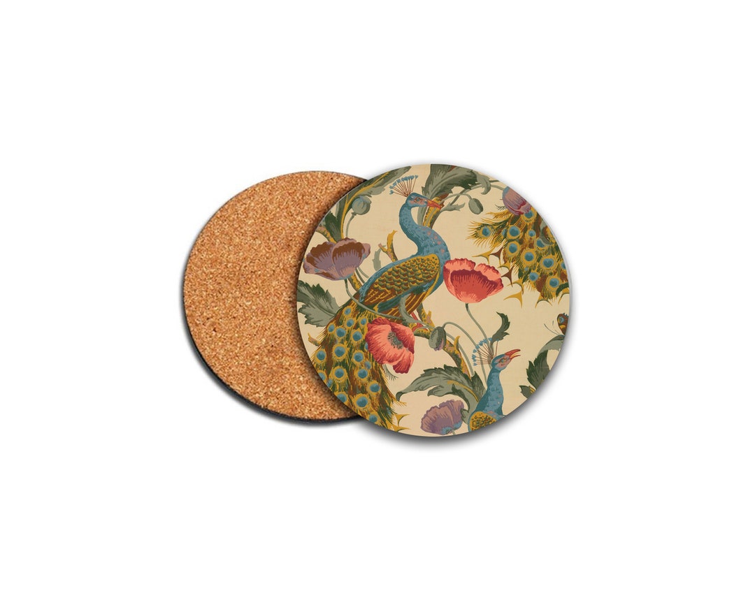Peacocks and Poppies Coasters Set, Art Nouveau Cork Drink Coasters ...