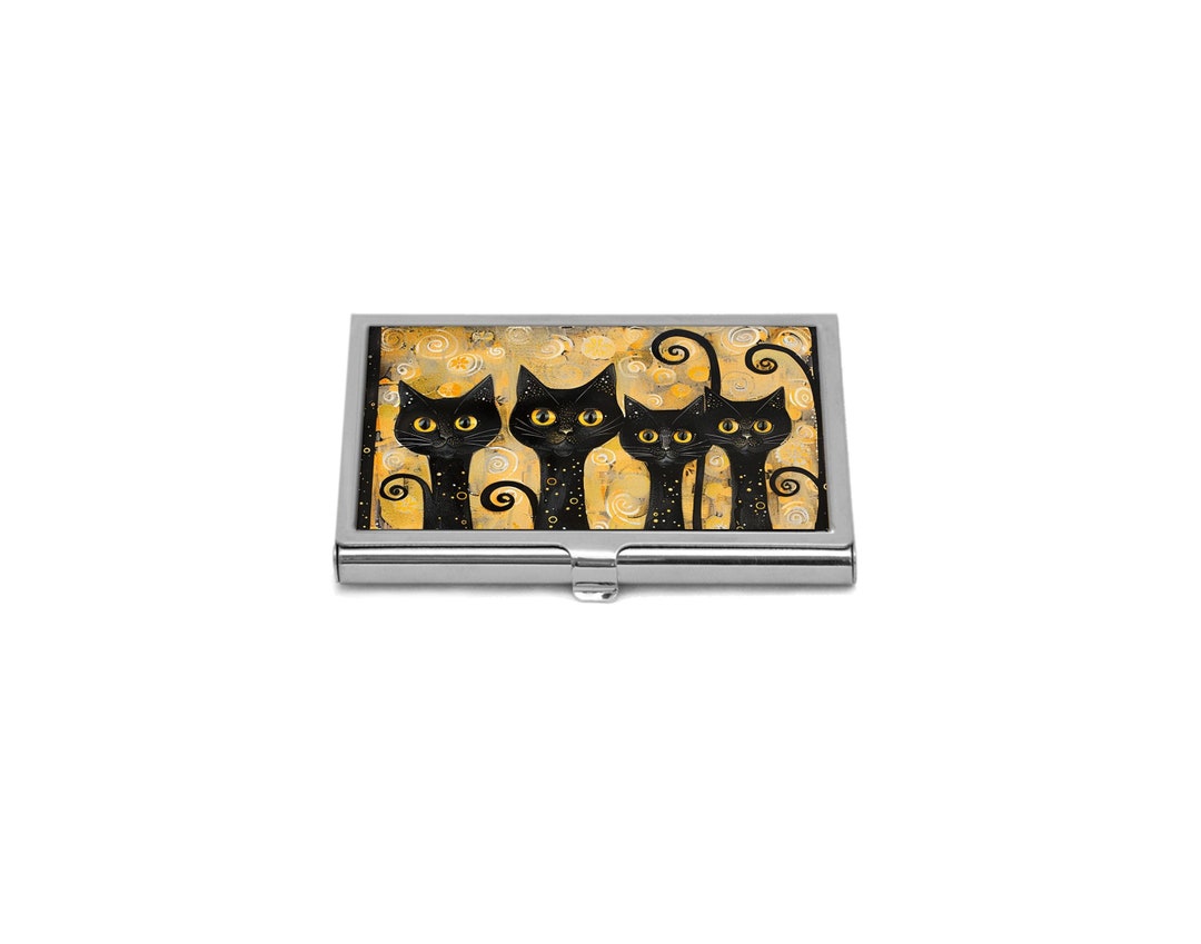 Black Funny Cats Business Card Holder, Artistic Cat Design Credit Card ...