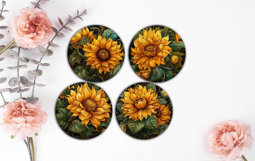 Sunflower Coasters Set, Yellow Floral Ceramic Coasters, Art Nouveau ...