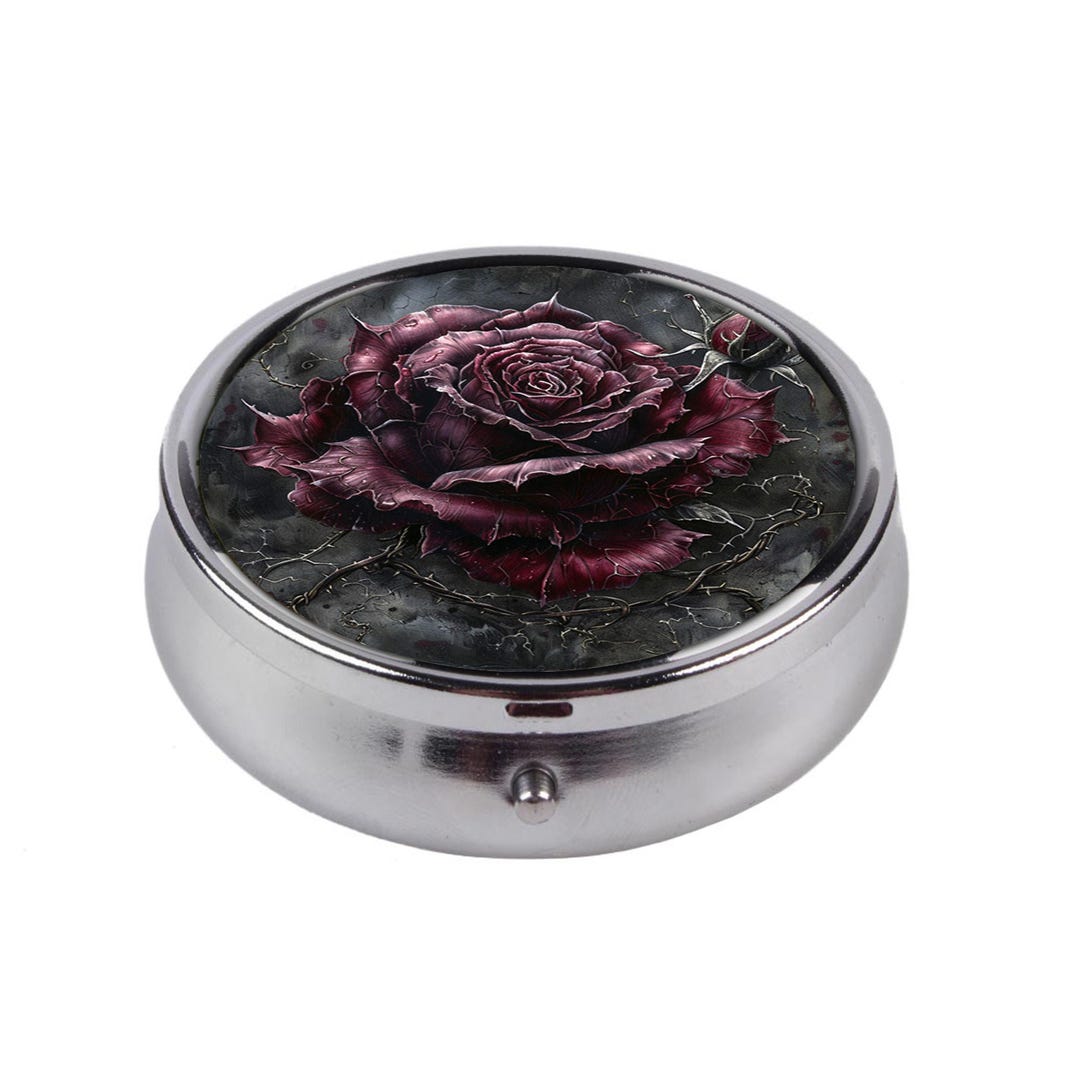 Gothic Rose Pill Box Dark Academia Baroque Floral Design Compact Metal ...