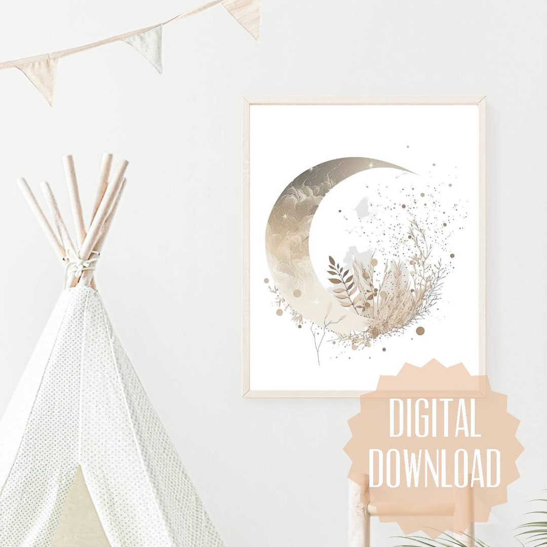 Boho Inspired Moon and Stars Printable Wall Art, Vintage Wall Art, Moon ...