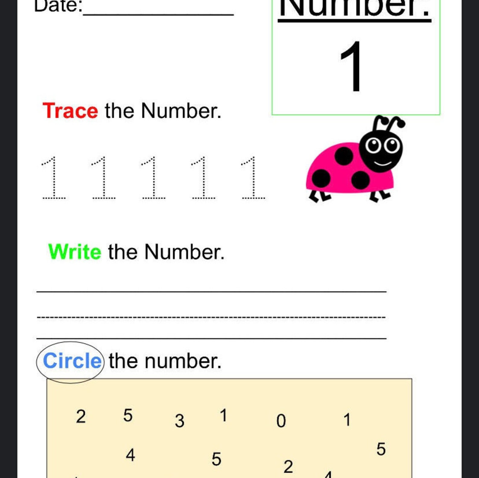 Number One Worksheet - Etsy