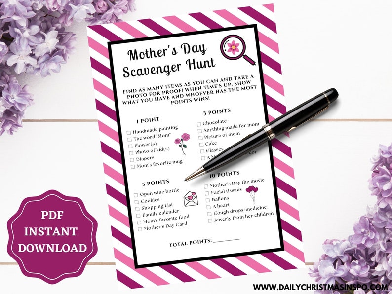 Mother's Day Scavenger Hunt Game | Printable Mothers Scavenger Hunt ...