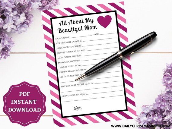 Mothers Day Gift Printable All About My Beautiful Mom | Etsy