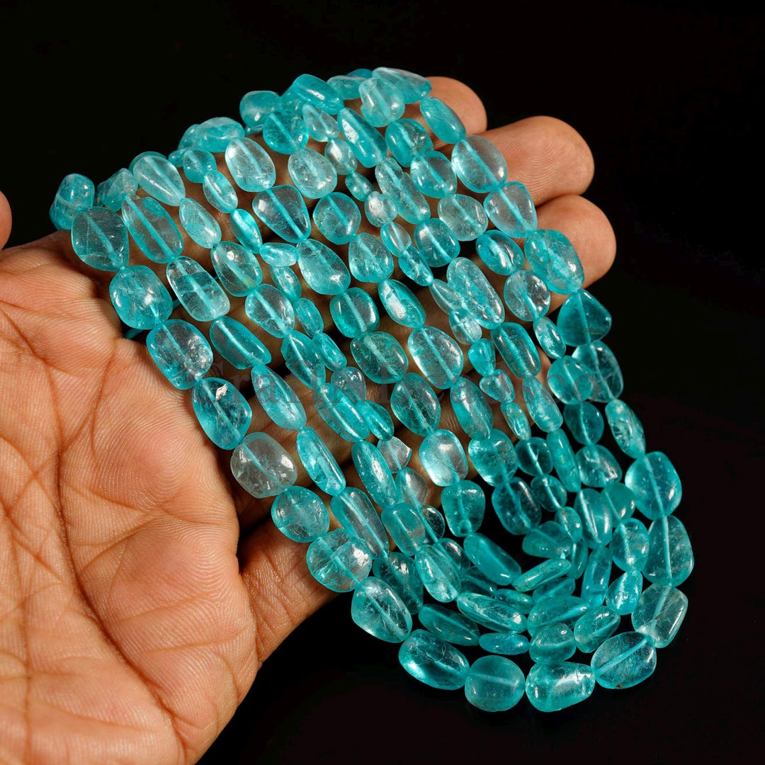 Natural Neon Blue Apatite Tumbled Nugget Beads, Smooth Teal Apatite ...