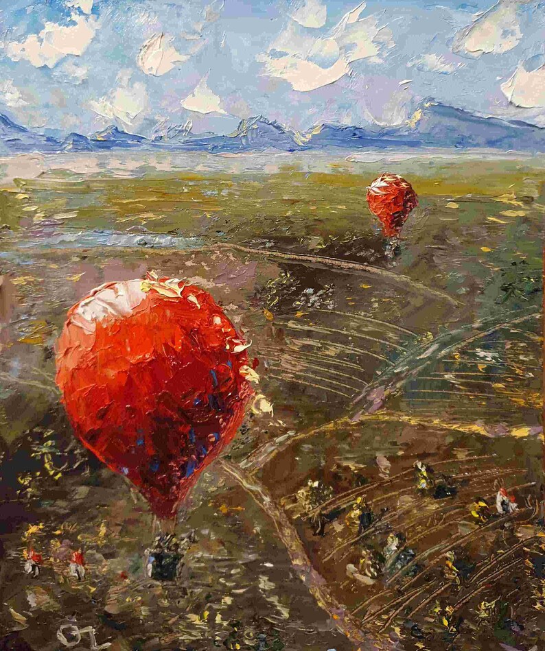 Hot Air Balloon Painting Air Balloon Original Art Landscape Artwork ...