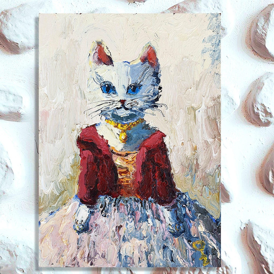 Cat in Dress Painting Cat Portrait Original Art White Cat Artwork Mini ...