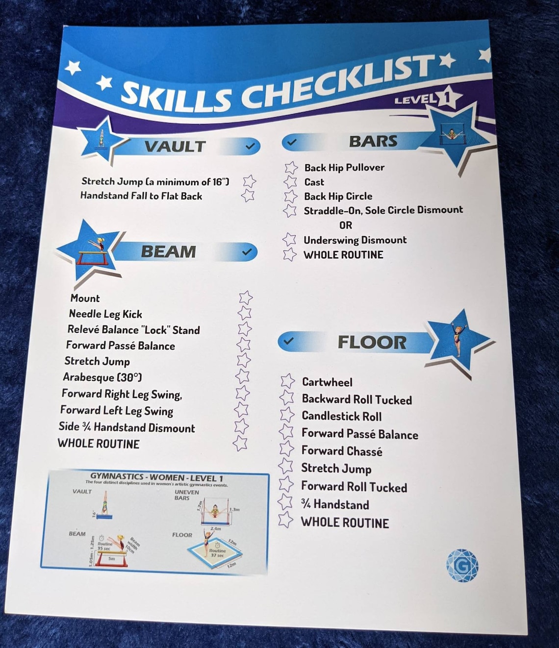 Gymnastics Skills Checklist Compulsory Level 1 Printed 8.5inx11in ...