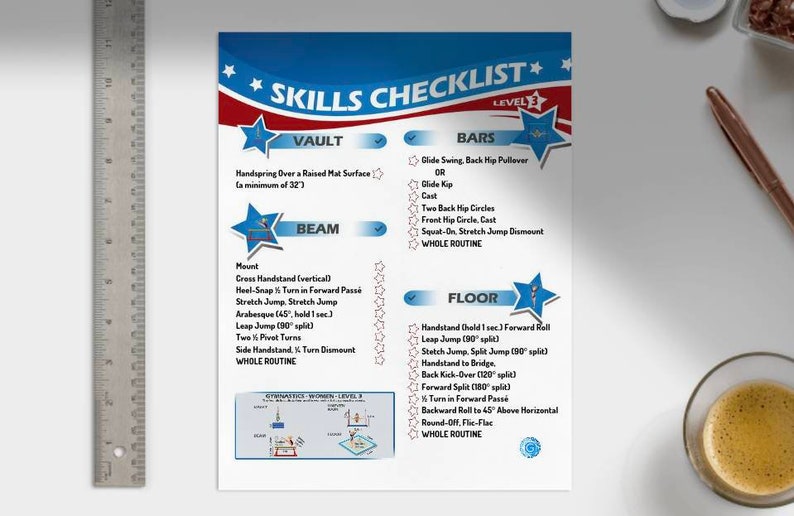 Gymnastics Skills Checklist Compulsory Level 3 Printed 8.5inx11in ...