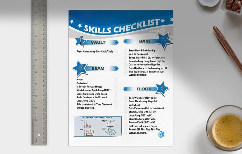 Gymnastics Skills Checklist Compulsory Level 4 Printed 8.5inx11in ...