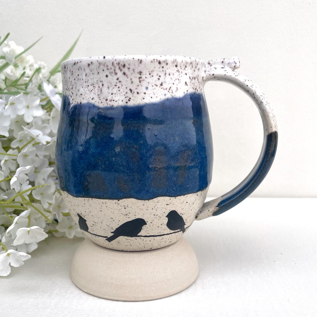 16 Oz. Stoneware Mug Handmade Pottery Coffee Mug or Tea Mug Birds on a ...