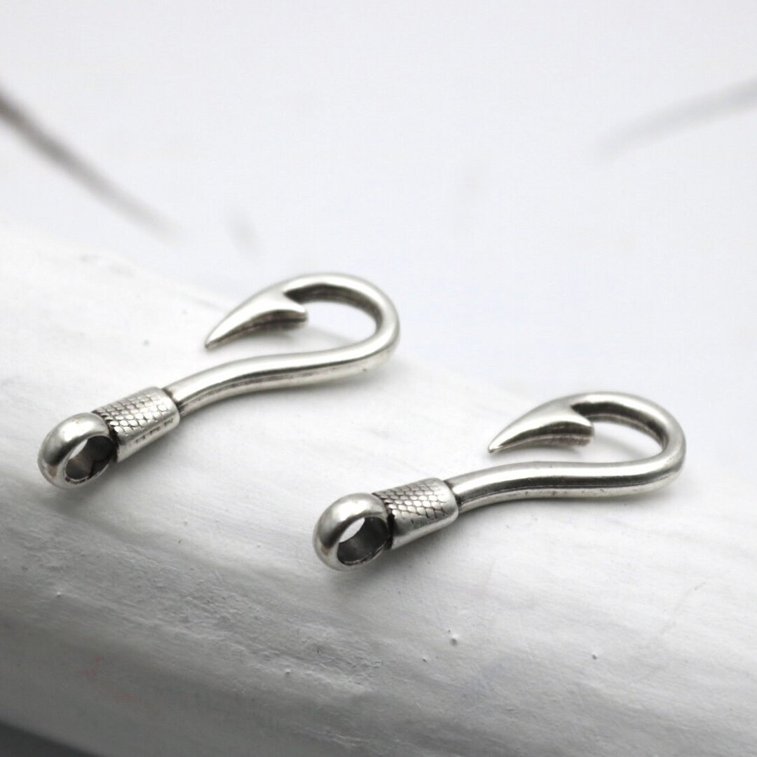 10 Antique Silver Fishing Hook Charms: Large Hole Pendants - Etsy