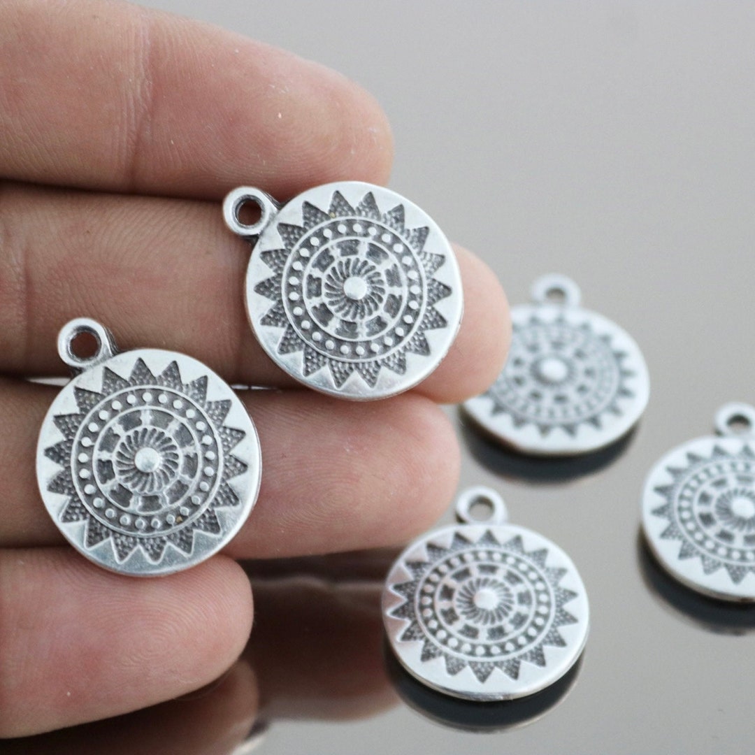 Silver Sun Mandala Disc Charms, Mandala Charms, Round Disc Charm, Yoga ...