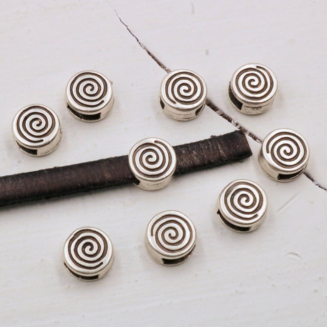 10 Mini Round Swirl Slider Beads, Leather Findings, Spiral Disc Beads ...