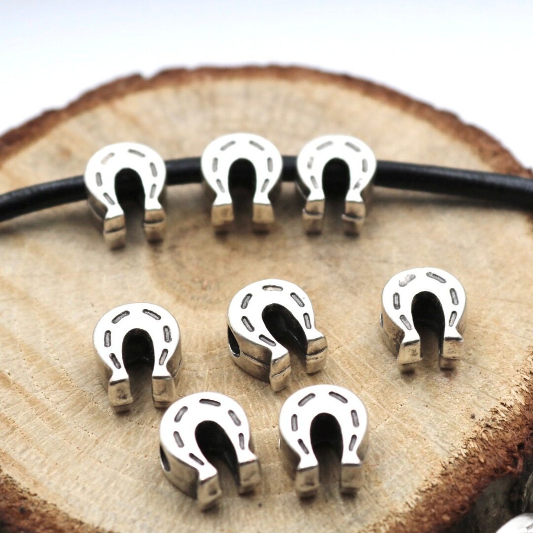 10 Antique Silver Horseshoe Slider Beads: Good Luck Charms (3.5mm Hole ...