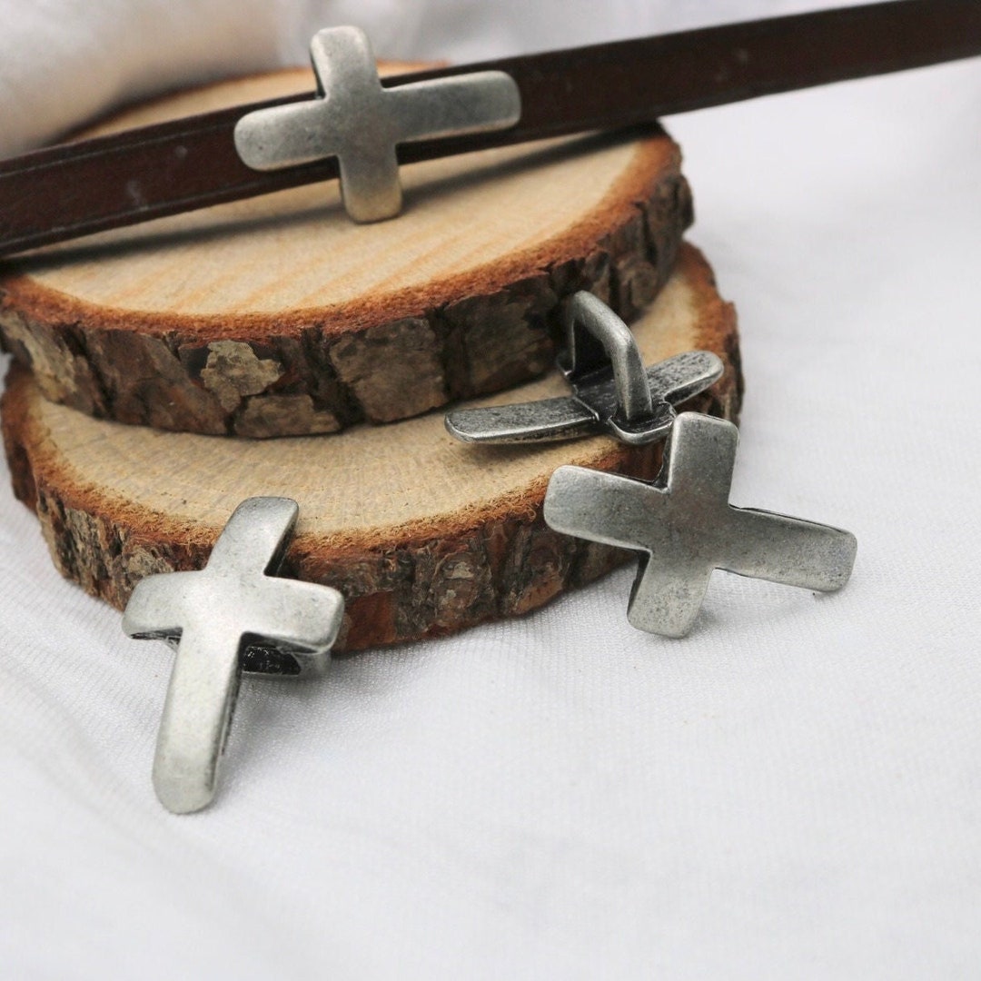 10 Religious Dark Silver Cross Slider Beads, Christian Jewelry Supplies ...