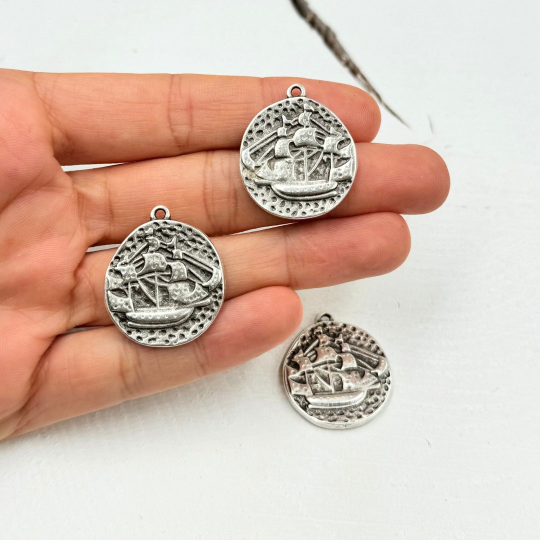 Antique Silver Sailing Ship Charms: Double Sided Marine Pendants (5 Pcs ...