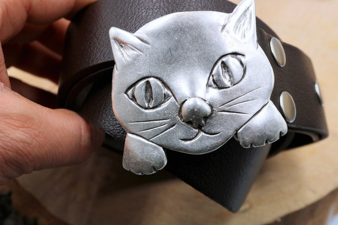 Cat Face Belt Buckle: Antique Silver Pewter, Fits 40mm Belts - Etsy