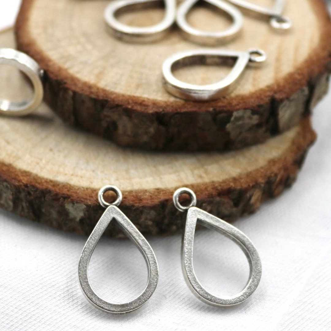 10 Antique Silver Plated Drop Shape Open Back Bezel Pendants Geometric ...