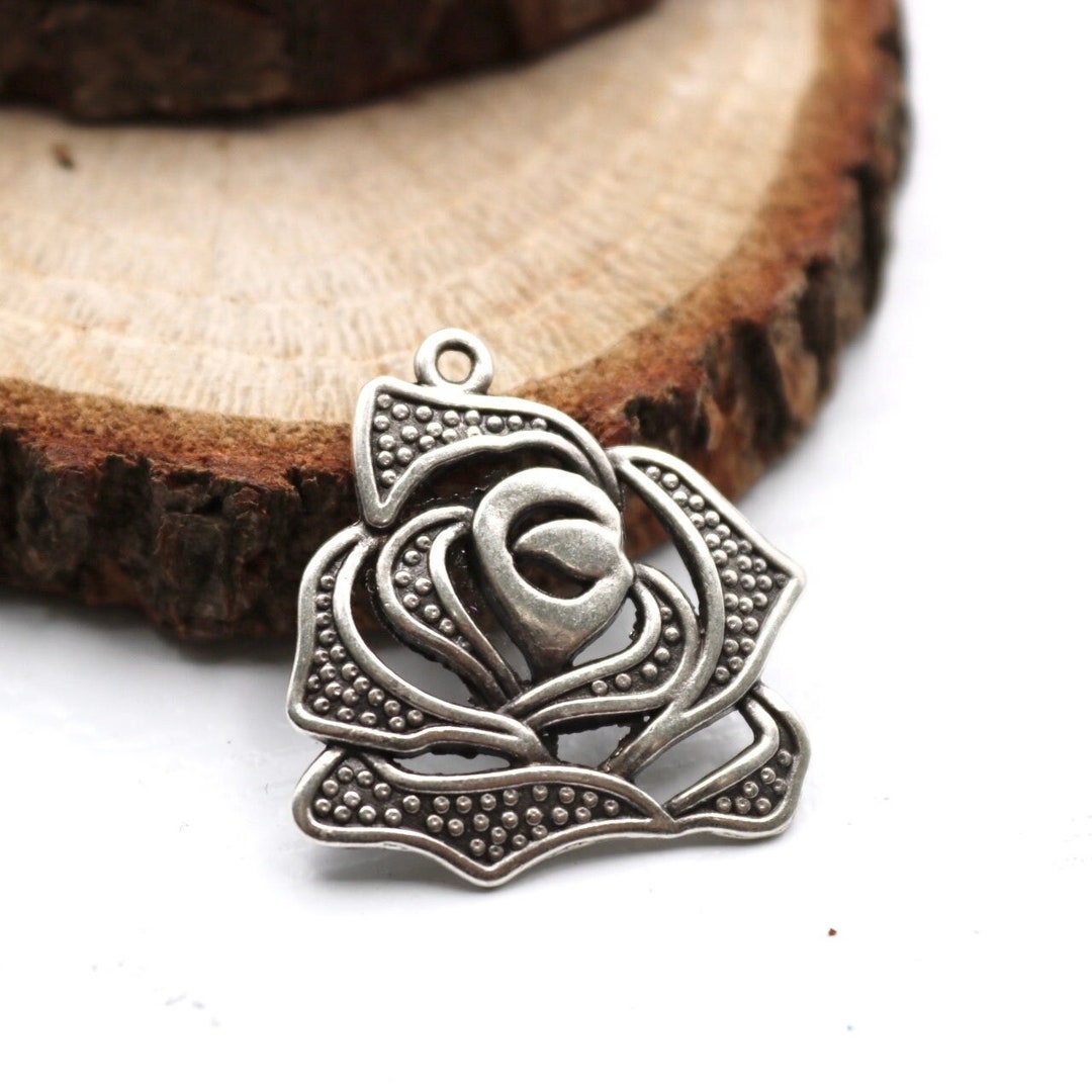Antique Silver Rose Charm: Floral Jewelry Pendant (10 Pcs) - Etsy