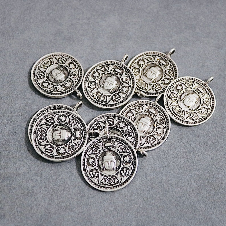 Antique Silver Buddha Coin Charms: Spiritual Jewelry (10 Pcs) - Etsy