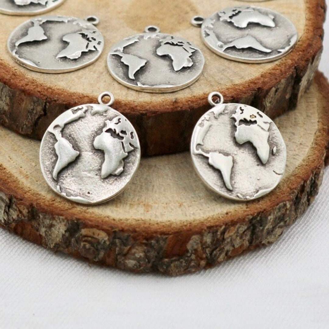 Antique Silver Earth Charms: World Map Pendants, Jewelry Making (10 Pcs ...