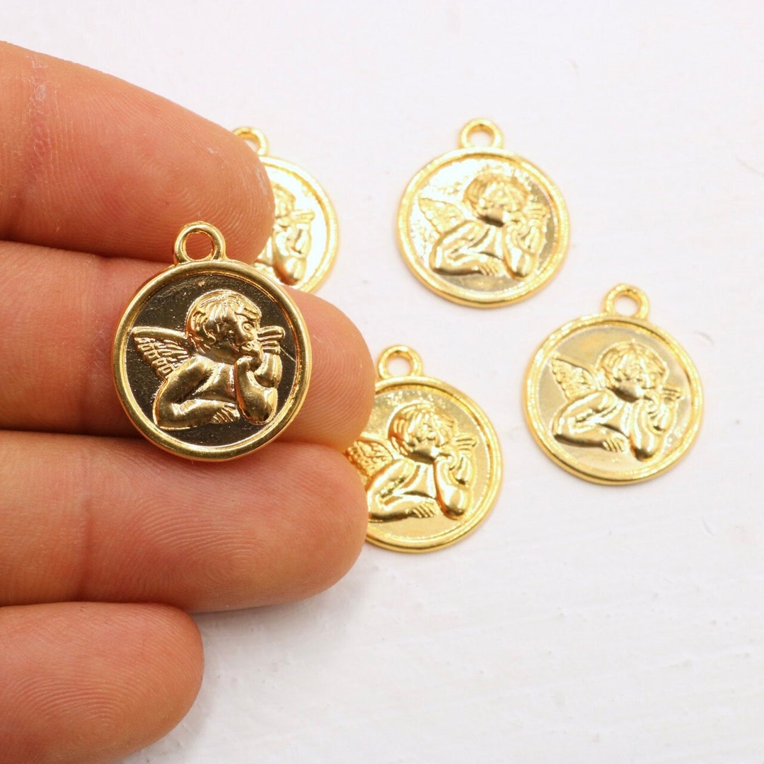 10 Shiny Gold Round Coin Angel Pendant, Dainty Angel Cupid Medallion ...