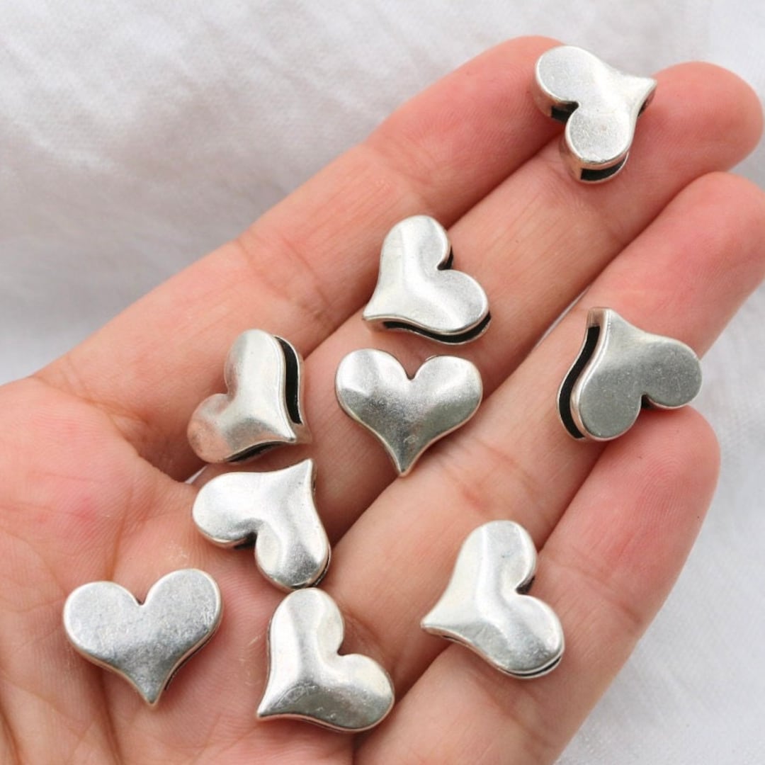 10 Heart Spacer Beads, Silver Dainty Charms, Large Hole Spacer, Leather ...