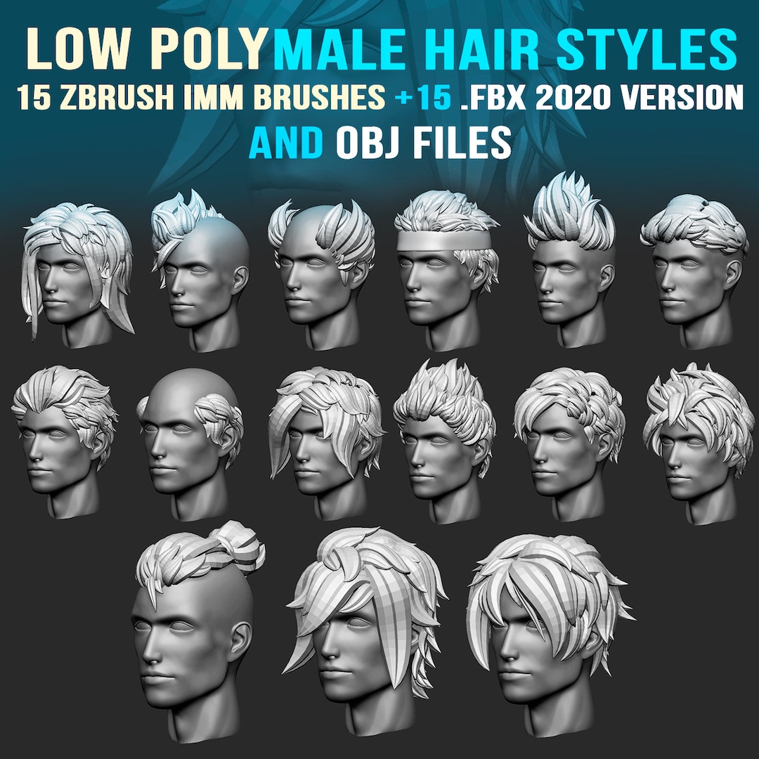 15 Male Anime Character Hair Styles and Hairdoo Low Poly IMM Brush Set ...