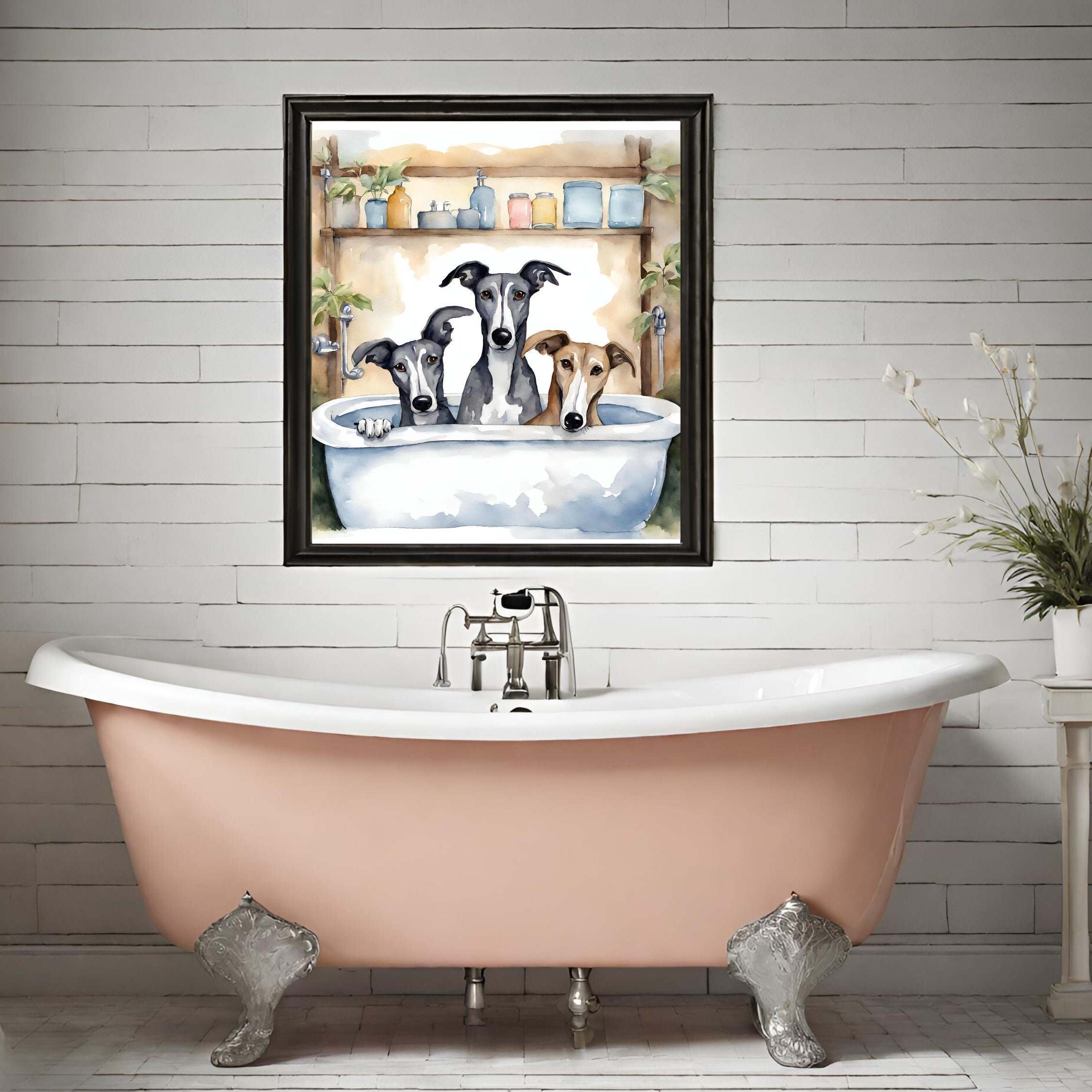 Greyhounds in a Bathtub Wall Art, Greyhound Bathroom Poster, Greyhound ...
