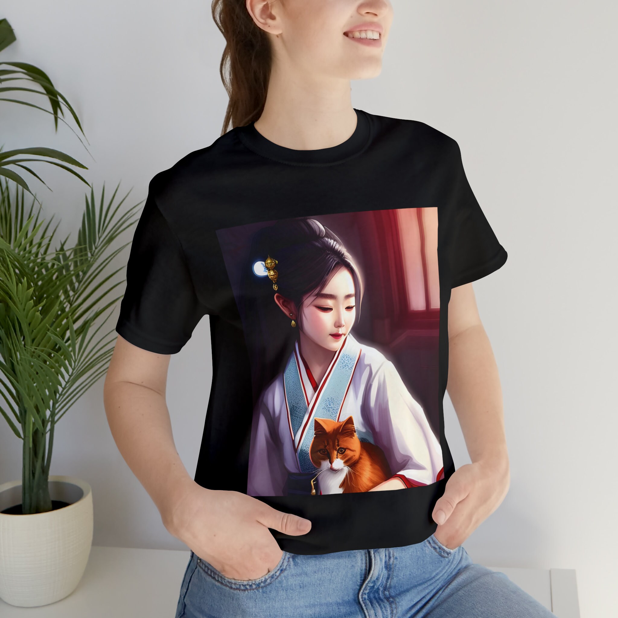 Geisha and Ginger Cat T-shirt, Maiko Cat Shirt, Feudal Japan Aesthetic Cat Tee, Girl in a Kimono ...