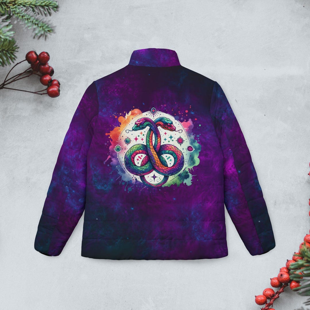 Celestial Snake Puffer Jacket, Cosmic Serpent Puffer Jacket, Whimsical ...