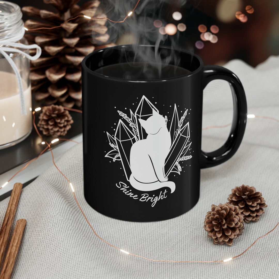 Cat and Crystals 11oz Black Mug, Magical Cat Coffee Mug, Fantastical ...