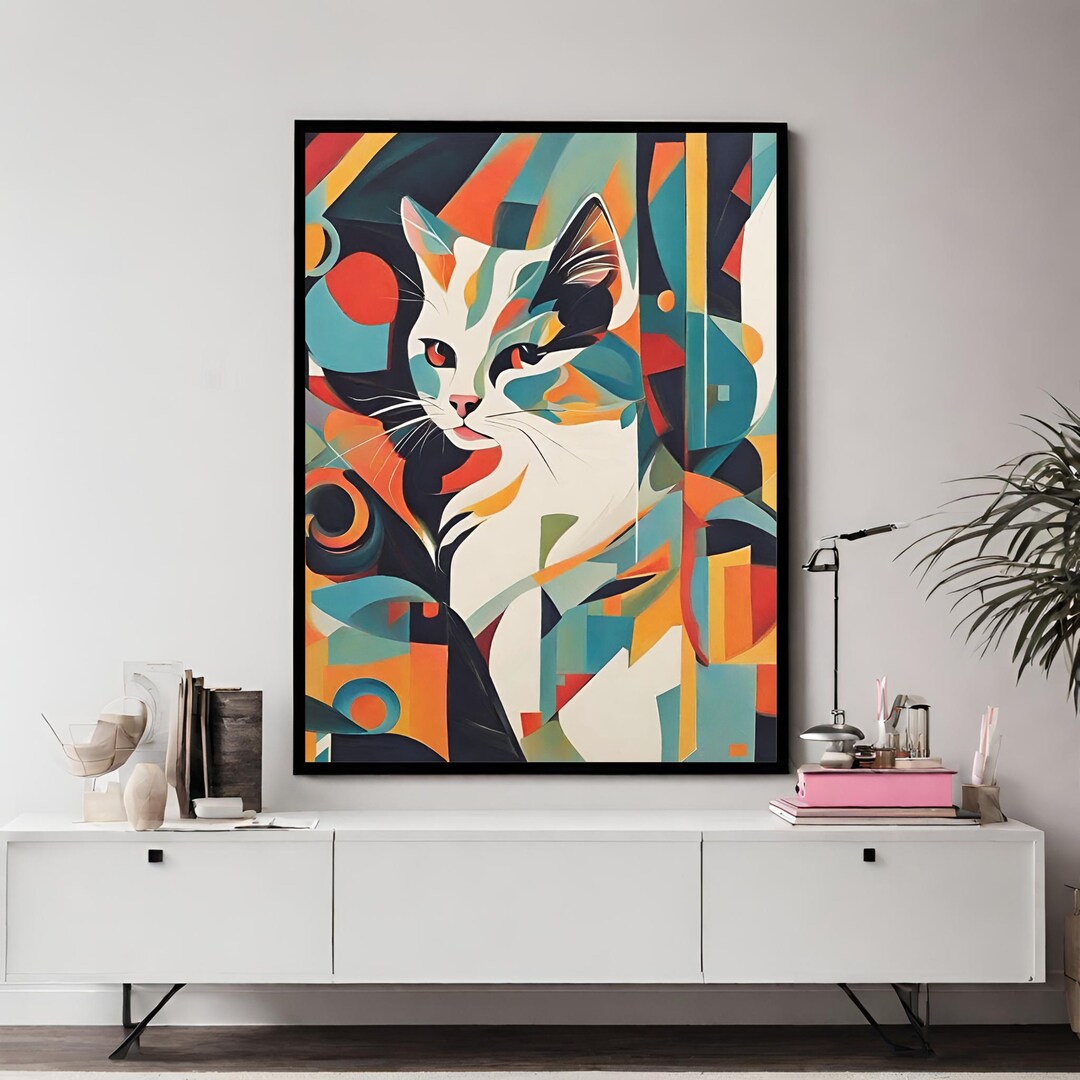 Abstract Cat Wall Art, Colorful Cat Wall Decor, Geometric Cat Poster ...