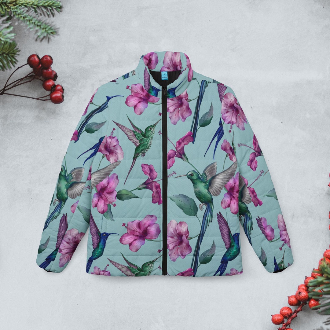 Floral Hummingbird Puffer Jacket, Women's Winter Coat, Lightweight ...