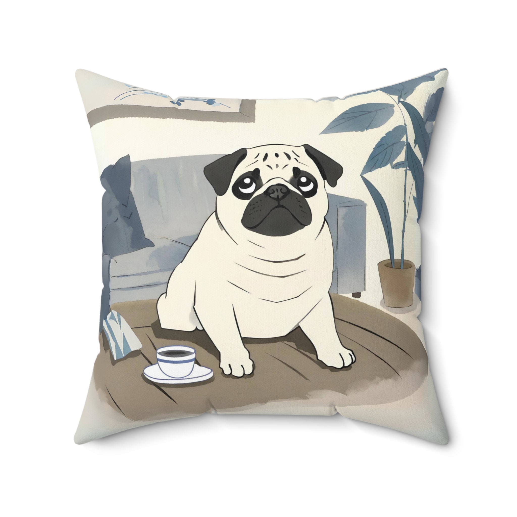 Pug Japanese Art Pillow, Vintage Ukiyo-e Style Mops Cushion, Cute Pug ...