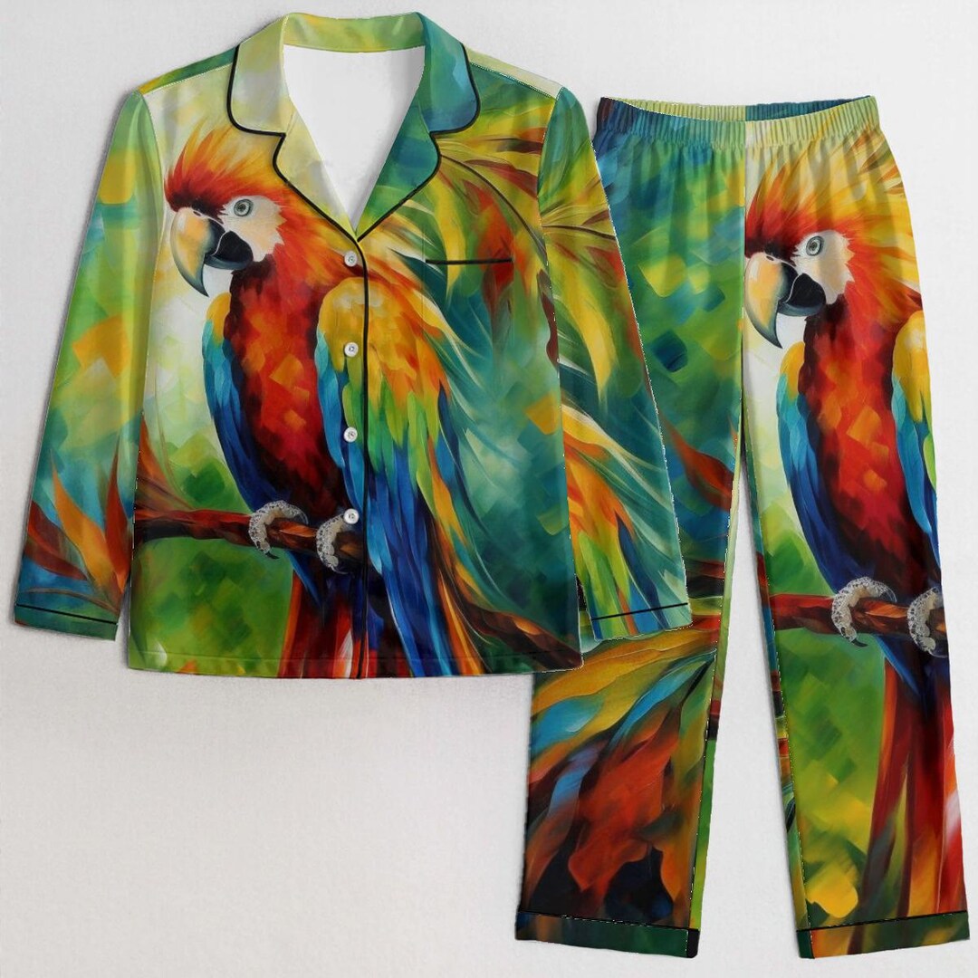 Tropical Macaw Pajama Set, Vibrant Parrot Silk-feel Sleepwear, Colorful ...