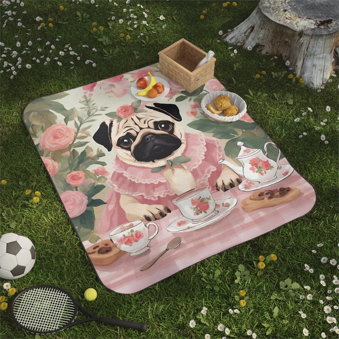Cute Pug Picnic Blanket, Floral Vintage Mops Camping Blanket ...