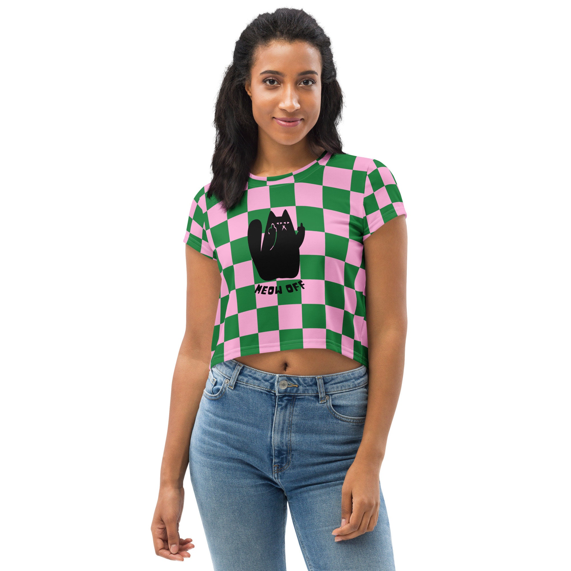 Checkered Funny Cat Crop Top, Black Cat Middle Finger Crop Tee, Crazy ...