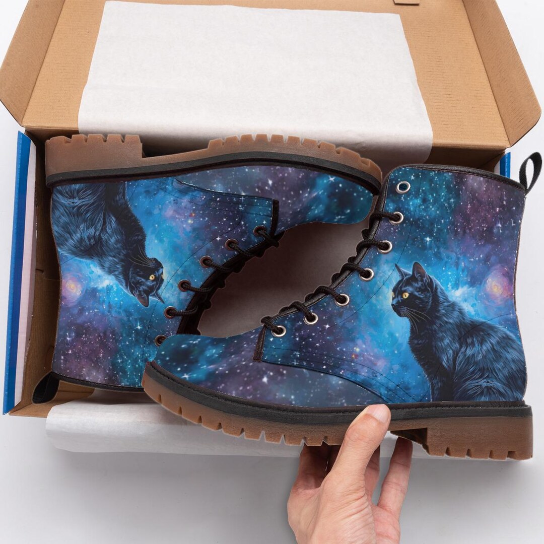 Galaxy Black Cat Martin Boots, Cosmic Cat Combat Boots, Mystic Black ...