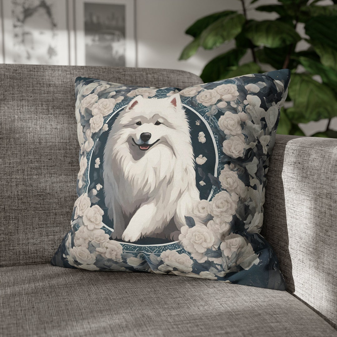 Samoyed and Flowers Square Pillow Cover, Cute Vintage Samoyed Art ...
